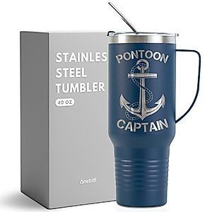 Onebttl Pontoon Boat Captain Tumbler, 40oz Stainless Steel With Spill-Proof Lid and Straw, Laser Engraved Gift, Navy Blue