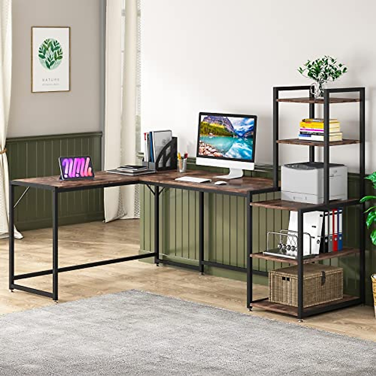 Tribesigns 79 Inch Reversible L-Shaped Desk, Industrial Large Corner Desk with 5 Tier Storage Shelves, Large L Desk Home Office Desk Computer Table Writing Desk, Rustic Brown