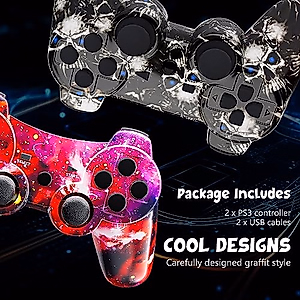 PS3 Controller Wireless, High Performance Controller with Upgraded Joystick for PlayStation 3, 2 USB Charging Cords (Red Star, Black Ghost)