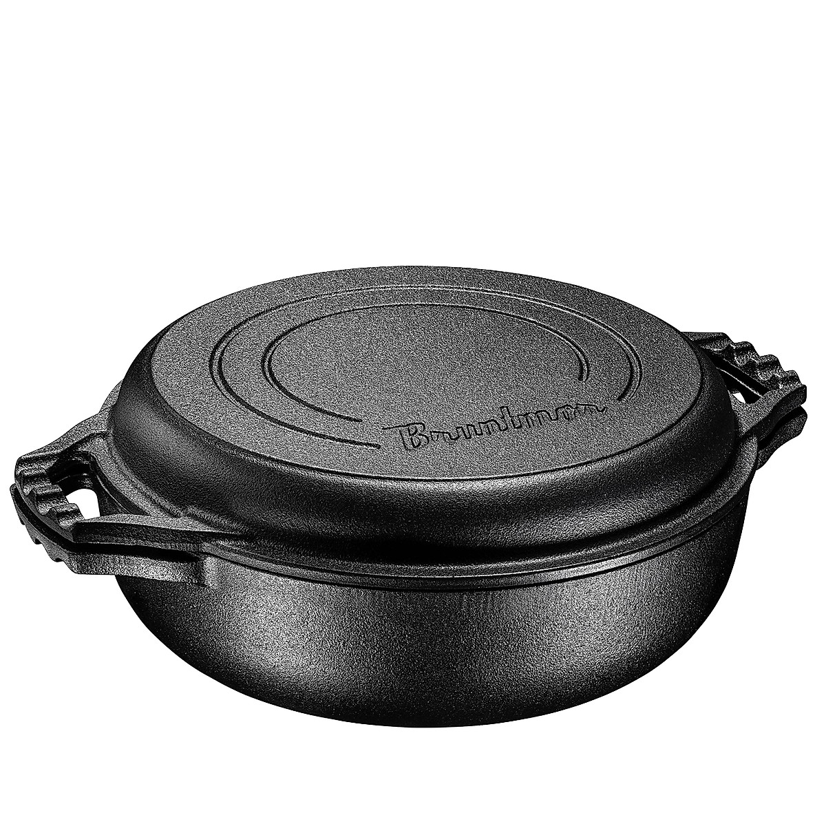 Bruntmor 2-in-1 Pre-Seasoned Cast Iron Dutch Oven with dual handles, Cocotte Double Braiser Pan with Grill Lid 3.3 Quarts - BBQ Grill, Fryer - Outdoor Cookware Set with Dual Handles, Camping,- Black