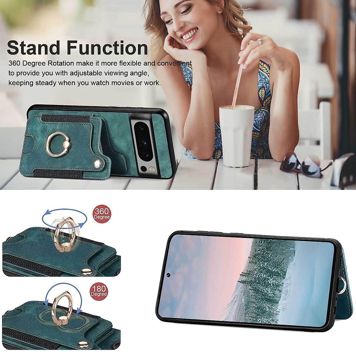 JanCalm for Google Pixel 8 Pro Case Card Holder Wallet, Ring Stand, RFID Blocking, Wrist Strap, Camera Protector, Leather Magnetic Clasp Protective Cover for Google Pixel 8 Pro (Green)
