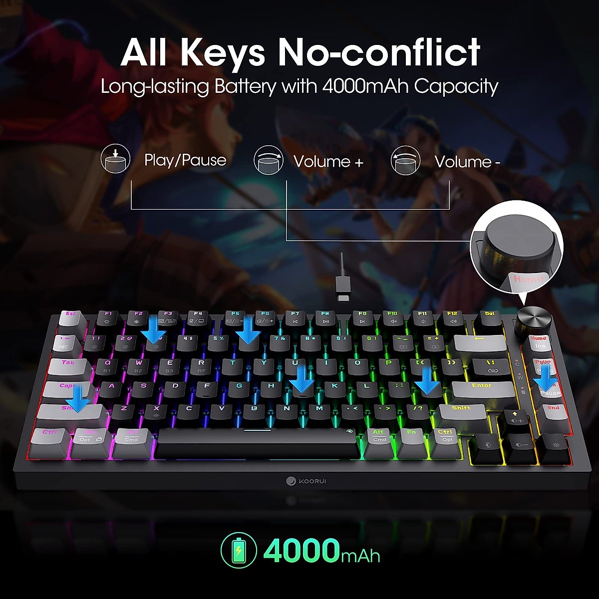 KOORUI 75% Wireless RGB Gaming Keyboard,3 Mode BT/2.4Ghz/USB-C Hot Swappable Mechanical Keyboard,Compact 82 Keys with 4000mAh Battery & Dedicated Knob Control,Tactile Brown Switch
