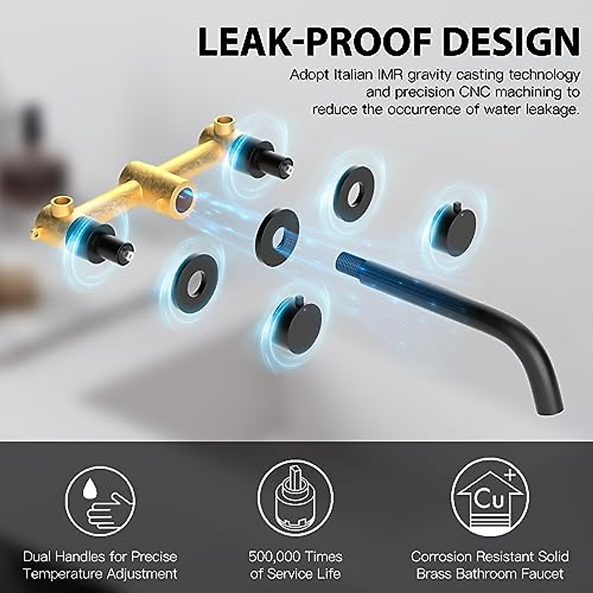 SMALIIBUSS Wall Mount Faucet,Black Wall Faucet Mounted Bathroom Sink Faucets,Double Handle 3 Hole Wall Mount Tub Faucet,Lavatory Basin Sink Mixing Faucet with Rough in Valve.