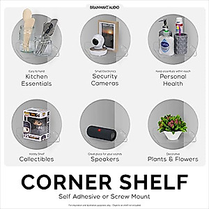 BRAINWAVZ 2-Pack 8” Corner Floating Shelf for Speakers, Books, Decor, Plants, Cameras, Photos, Kitchen, Bathroom, Routers & More Universal Small Holder Acrylic Wall Shelves (Clear)