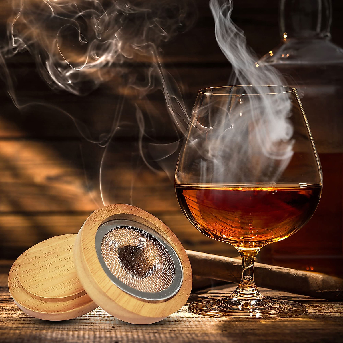 Cocktail Smoker Kit, Old Fashioned Drink Smoker Infuser with 4 Flavors Wood Chips, Portable Smoke DIY Tools for Cocktail, Wine, Whiskey, Bourbon, Meat, Contains Strainer, Wooden Spoon & Cleaning Brush