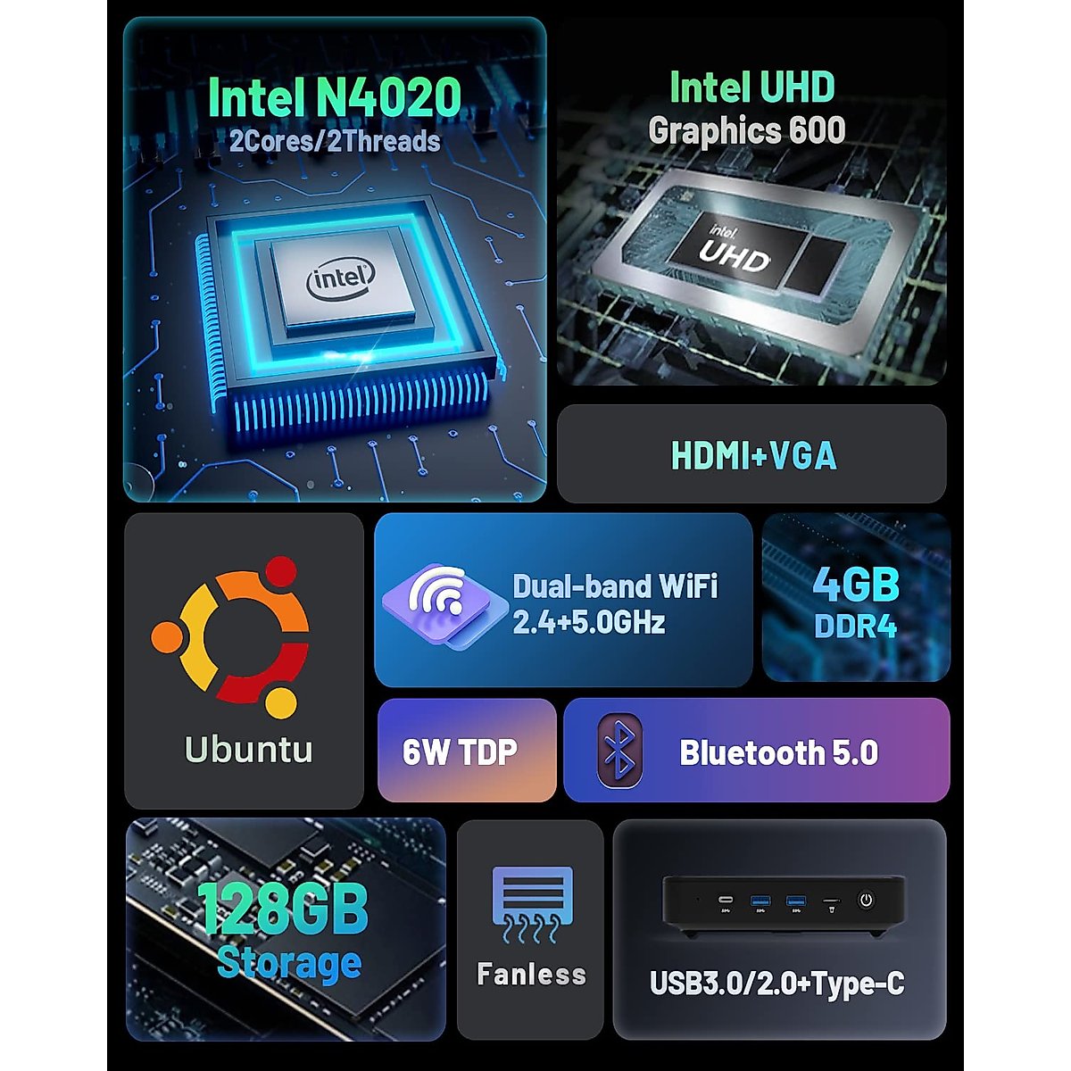 ATOPNUC Ubuntu Linux Mini PC,Intel Celeron N4020 Linux Computer 4GB RAM 128GB eMMC,Fanless Micro Desktop Computer Suppport HDMI&VGA,2.4/5G WiFi,BT5.0,Gigabit Ethernet for Business, Home