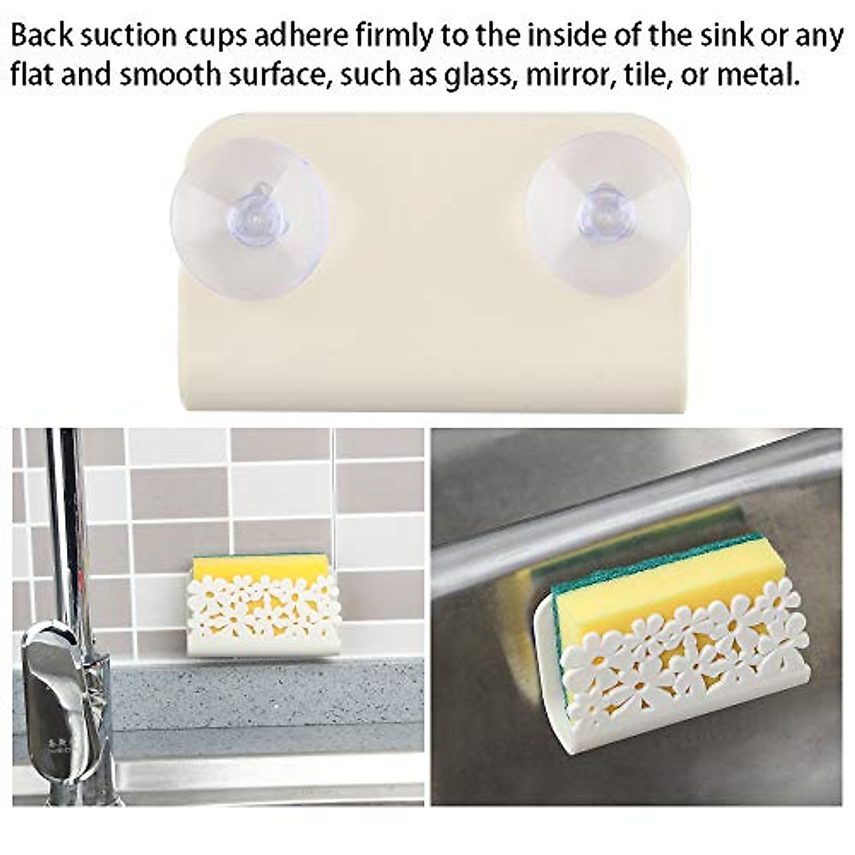 Never Rust Plastic Sponge Holder, Tomorotec Sink Caddy Sink Suction Cups Easy Access Holder Shower and Kitchen Organizer Quick Drain Easy Attach (Beige)