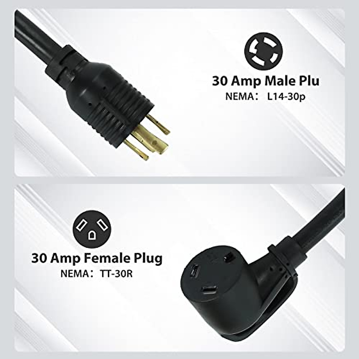 bchsadvb RV Generator Adapter Cord with Handle 12 Inch 30 Amp 125/250V 4-Prong L14-30P Twist Lock Male to TT-30R Female, STW 3/C 10 AWG