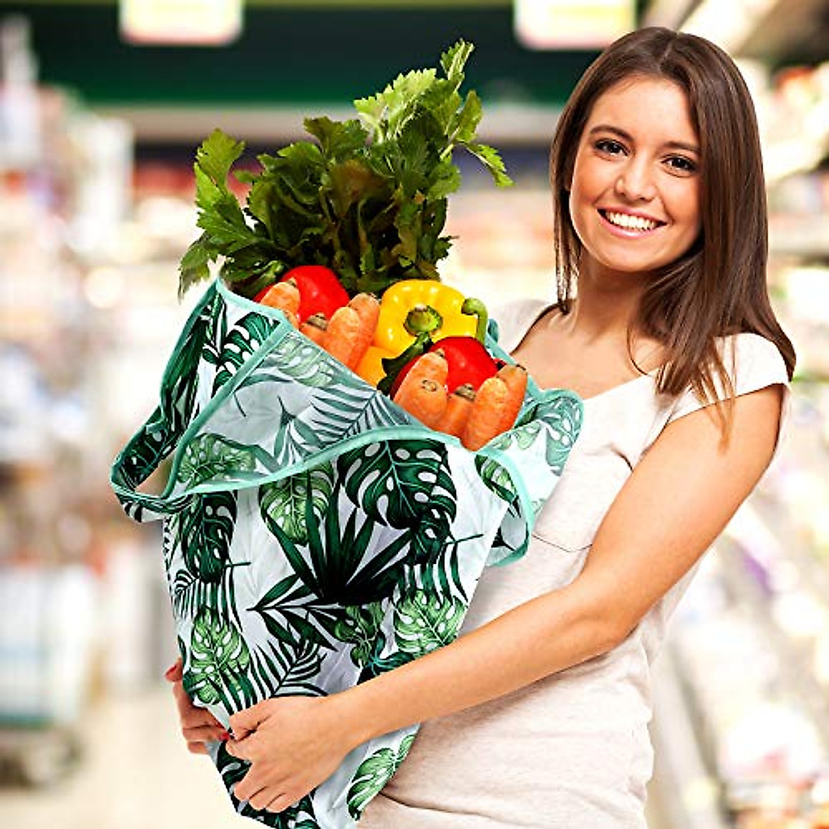 6 Pieces Reusable Grocery Bag with Storage Pouch, Washable Foldable Lightweight Durable Waterproof Shopping Bag Tote Grocery Bag (Fresh Pattern)