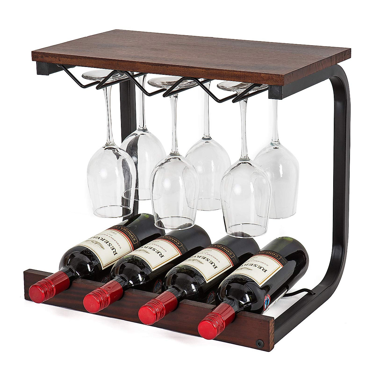 SODUKU Wine Rack Wall Mounted Handmade Metal & Wood Wine Countertop Rack Wine Storage Shelf with 4 Bottle Cages & 6 Long Stem Glass Holder Walnut