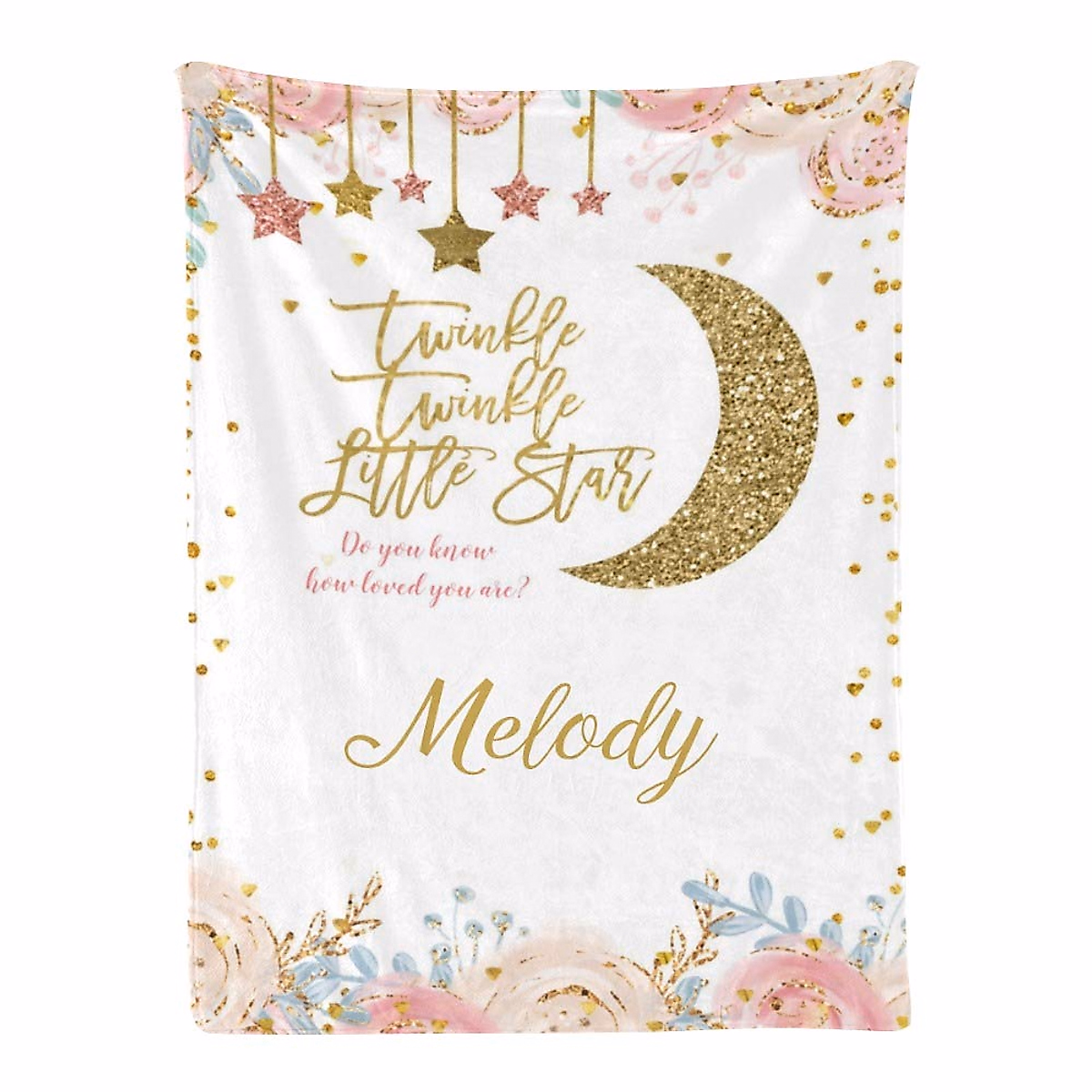 Yeshop Twinkle Twinkle Little Star Floral Personalized Receiving Baby Blankets for Girls Boys Kids with Name,Customized Swaddle Blankets Gift for Newborn Crib Infants 30x40 Inches