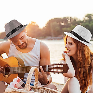 Ultrafun 5 Pack Short Brim Fedora Classic Summer Beach Sun Hat Panama Straw Cap for Men Women (5Pack-Black+White+Khaki+Blue+Wine Red)