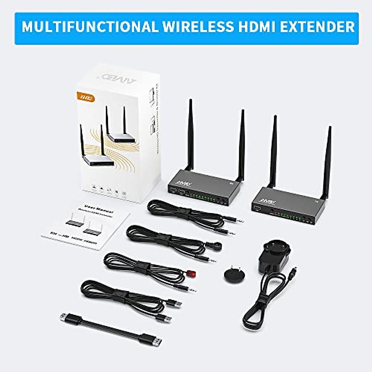 AIMIBO Wireless HDMI Transmitter and Receiver, Support 8 RXs/TXS, 5.8G Wireless HDMI 1080P A/V Extender with KVM, IR Remote & Loop-Out, 656FT/200M HDMI Wireless Kit for Laptop, CCTV, TV Box, Netfix
