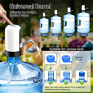 Water Bottle Pump, 5 Gallon Water Dispenser Pump, USB Rechargeable Automatic Water Jug Pump, Support 2.16-inch Neck Portable Electric Water Dispenser Water Bottle, for Camping, Kitchen (White)