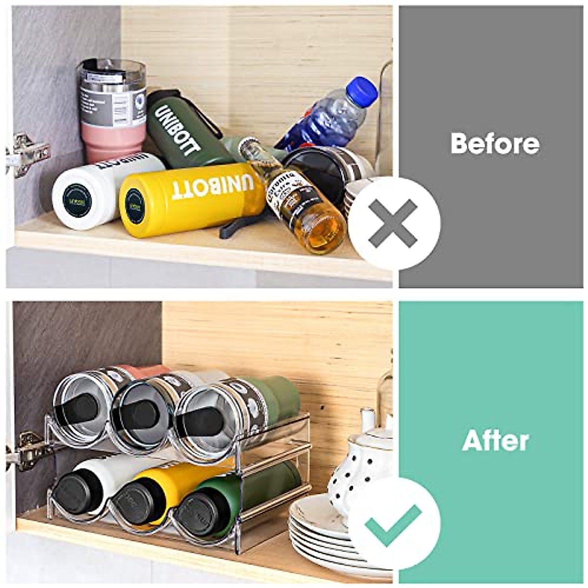 Puricon Stackable Water Bottle Organizer for Cabinet, Clear Bottle Storage Rack Plastic Bottle Holder for Insulated Sports Flask Kids Bottles Travel Mug Tumbler Organizer for Kitchen Pantry -2 Pack