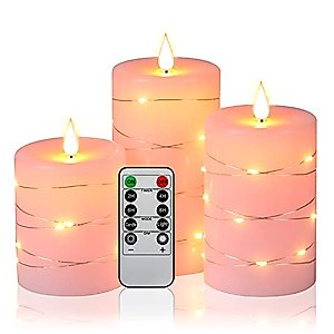 Da by Flameless Candles with String Lights，Battery Operated Candles,LED Flickering Candles with Remote Control and Timer, Real Wax, 3 Pack-Pink
