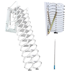 Telescopic Ladder Attic Ladder Pull Down Attic Ladder Alloy Attic Stairs 12 Steps Loft Ladder 9.2FT Wall-Mounted Collapsible Ladder with Armrests (White)