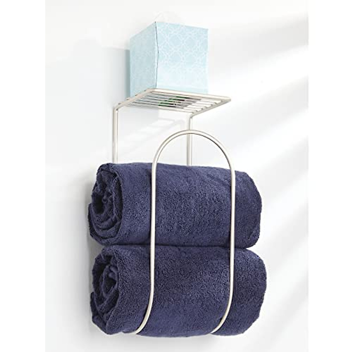 mDesign Modern Metal Wire Wall Mount Towel Rack Holder and Organizer with Storage Shelf - for Bathroom Towels, Washcloths, Hand Towels - Decorative Curved Design - Satin