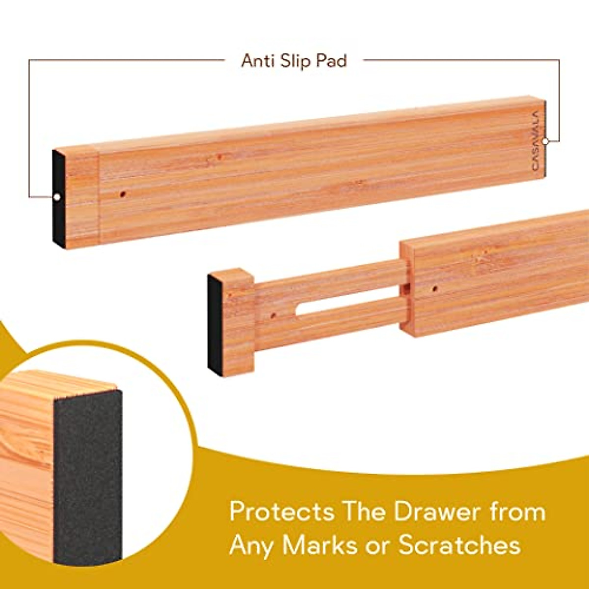 Casavala Expandable Drawer Organizer (6 Pack) Expandable Bamboo Drawer Dividers for Kitchen, Bathroom, Dressers, Home & Office, Bamboo Drawer Dividers Set of 6