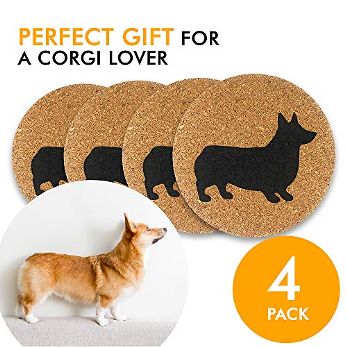 Corgi Dog Gift Cork 4 Pack Drink Coasters Set - Kitchen Bar Table Decor - Perfect Decoration for Puppy Dog Lovers