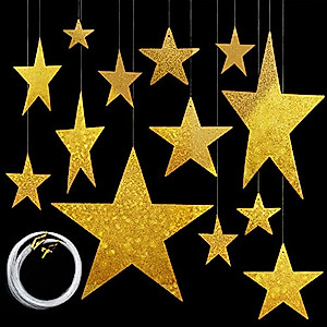 Maitys Hanging Star Cutouts with 4 Sizes (6cm/12cm/20cm/30cm) Shining Finish Star Yard Decorations Party Decor with 50 m Nylon Beading Fishing Line (Gold, 24)
