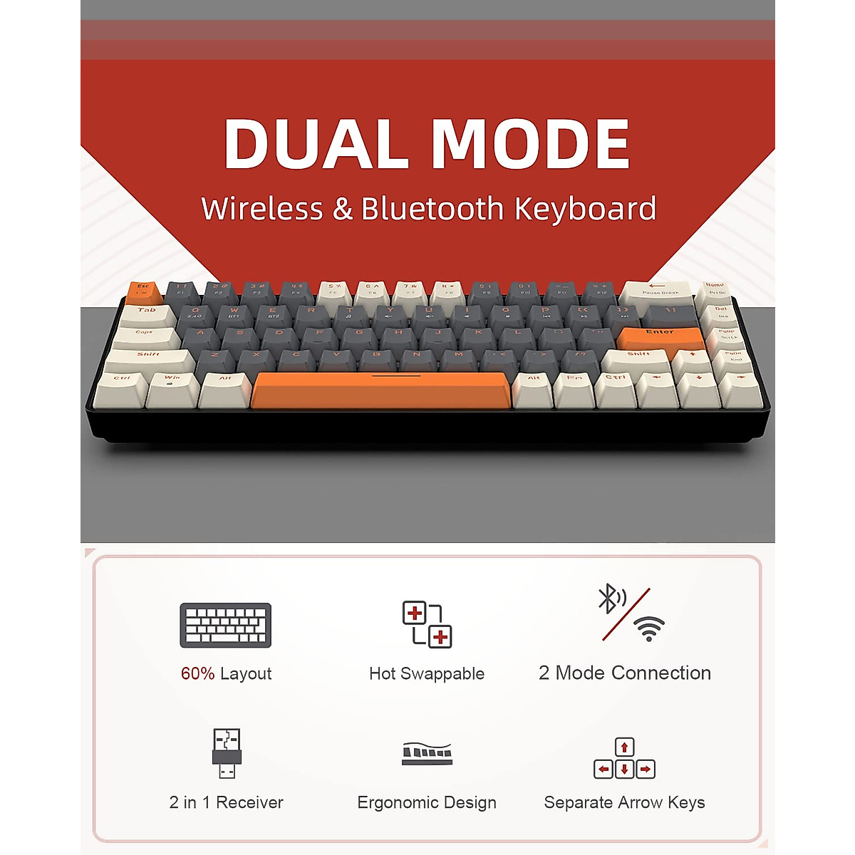 ZIYOU LANG RK68 60% Wireless Mechanical Keyboard,Bluetooth 5.0/2.4Ghz Dual Mode Receiver,Hot-Swappable mini 68-Key,Retro Color Keycaps,Clicky Blue Switch,Ultra Power Saving for PC PS4 Xbox iPhone ipad