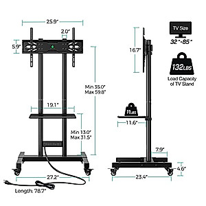 Greenstell TV Stand with Power Outlet, Mobile TV Cart on Wheels for 32-85 inch LED LCD Flat Curved Panel Screens TVs up to 132lbs, Height Adjustable Rolling TV Stand with AV Shelf, Max VESA 600x400mm