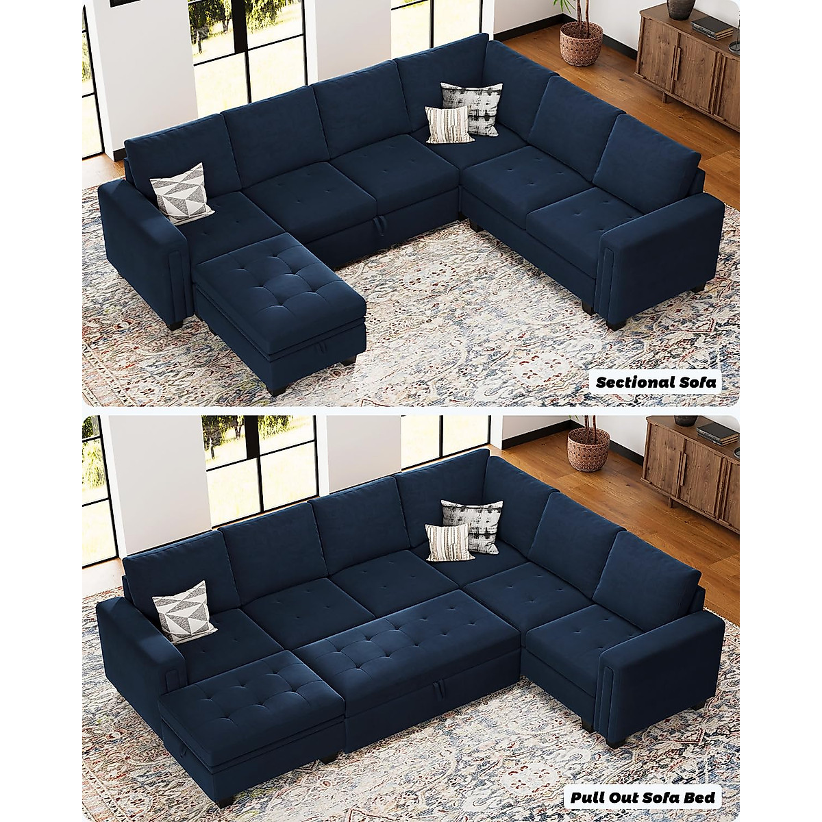 Belffin Modular Sectional Sleeper Sofa with Pull Out Bed U Shaped Sectional Sofa Couch with Storage Ottoman Velvet Covertible 7-Seater Sofa for Living Room Blue