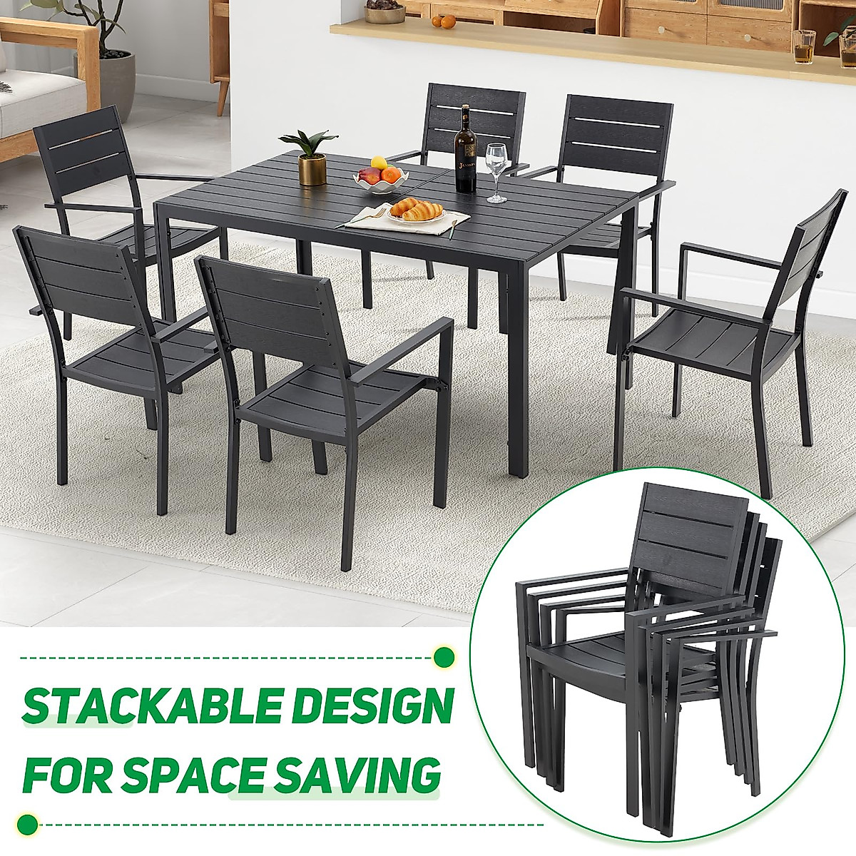 U-MAX 7-Piece Aluminum Outdoor Dining Set, Patio Table and Chairs Set for 6 Morden Outdoor Furniture Set with Aluminum Frames, Rectangular Table and Stackable Chairs for Garden, Black