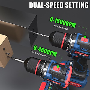 INSPIRITECH 20V Cordless Drill Set, Brushless Power Drill Set with 2 Batteries and Charger,3/8-Inch Metal Chuck Electric Drill Driver,22 Torque Setting,Drill/Driver Bits and Tool Bag Included