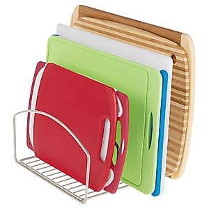 mDesign Steel Cookware Holder, Storage Organizer Rack with Three Slots for Kitchen Cabinet, Pantry, Holds Pans, Pots, Lids, Cookie Sheets, Cutting Boards - Concerto Collection - Satin