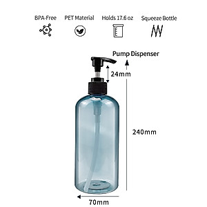 Empty Plastic Bottles with Pump Dispenser Blue Soap Dispenser Bottles, Refillable Travel Containers for Hand sanitizer Shampoo Lotion, etc. - No BPA/Paraben, 500ml/16.9oz(3Pack)