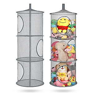 coastal rose 2Pcs Stuffed Animal Storage Foldable Stuffed Animal Net or Hammock Organizer, 3 Compartments Hanging Mesh Toy Storage Hammock for Kid Room Toys, Gloves, Hats, Socks（Grey）