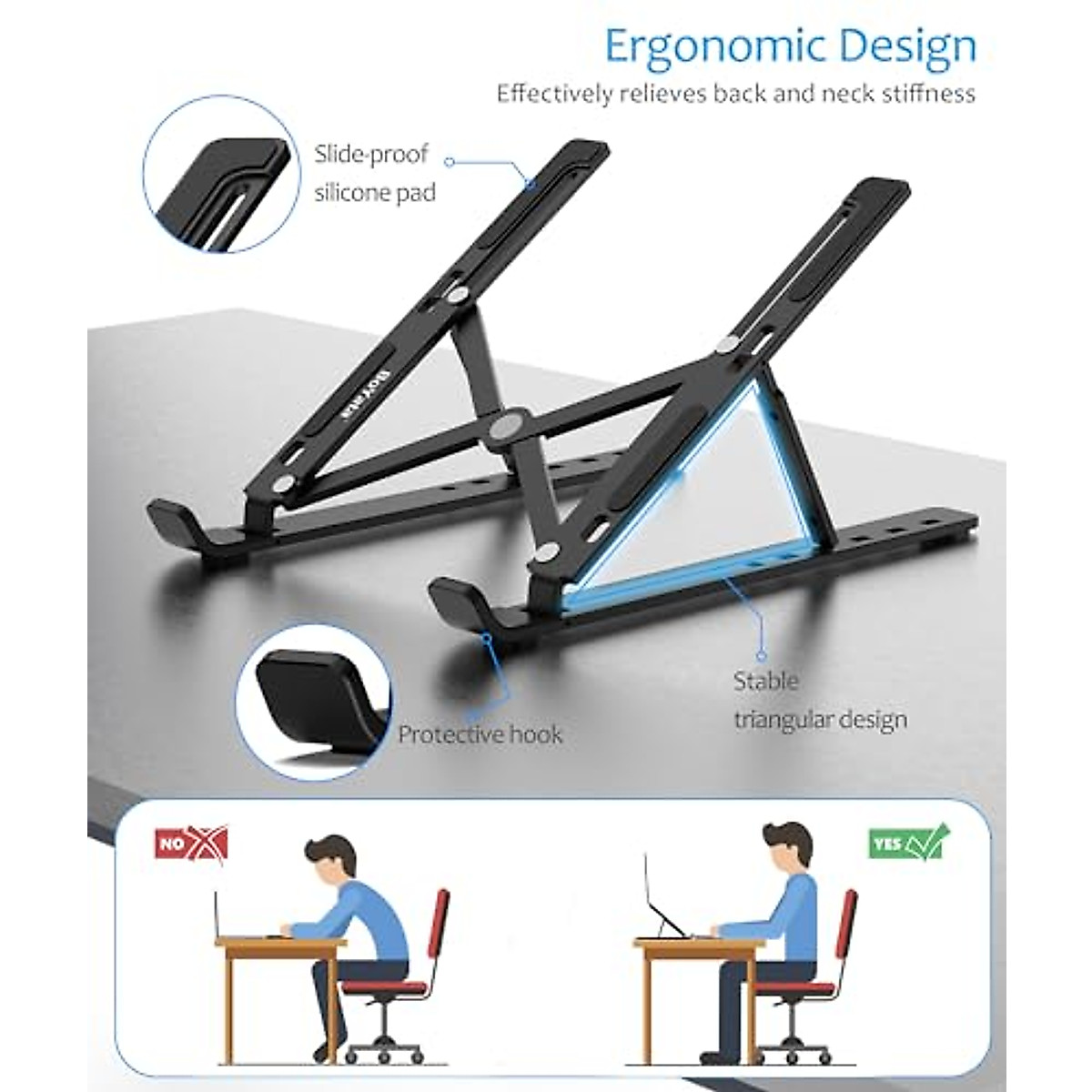 BoYata Laptop Stand, Portable Laptop Holder Computer Stand for Desk, Aluminum Foldable Laptop Riser with 6 Levels Height Adjustment, Compatible with MacBook, HP, Lenovo, Dell, 10-15.6" Laptops (Black)