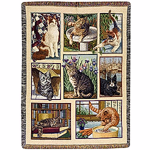 Manual Tapestry Throw with Fringe, Kitty Korner, 47 X 60-Inch