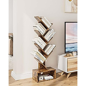 Aobafuir 6-Tier Tree Book Shelf, Open Side Standing Bookcase Shelf, Wooden Bookshelves Storage Rack for CD/Book, Utility Organizer Shelves for Living Room,Bedroom, Rustic Brown