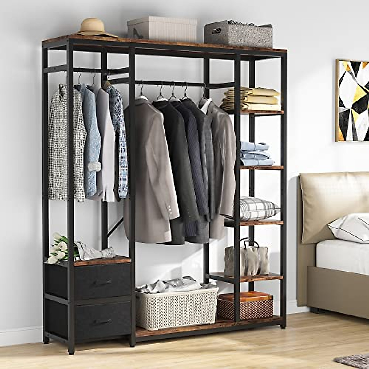 Tribesigns Freestanding Closet Organizer with 2 Drawers, 59 inch Heavy Duty Clothes Garment Rack with Shelves and Double Hanging Rod, Metal Clothing Rack Wardrobe for Bedroom, Rustic Brown