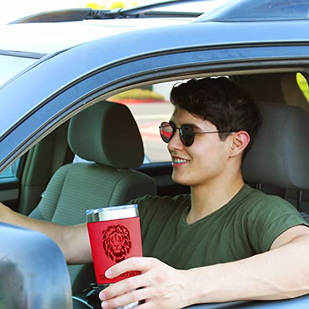 LaserGram 20oz Vacuum Insulated Tumbler Mug, Military Helicopter 1, Personalized Engraving Included (Faux Leather, Red)