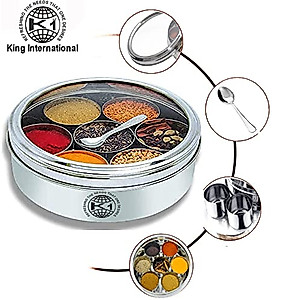 King International Stainless Steel Indian Spice Box, Indian See Through Masala Dabba, Masala Box,Steel Masala Dabba, Indian Spice Container, with 7 Spice containers Size 20 X 20 x 8 cm, Set of 9