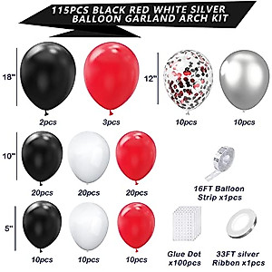 Red and Black Balloons Garland Arch Kit, 115Pcs 18 12 10 5 In Red Black White Metallic Silver Confetti Latex Balloons for Graduation Baby Shower Birthday Weddings With Silver Ribbon and Balloon Strip