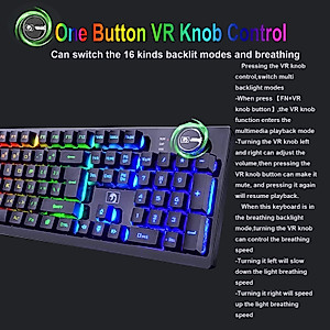 Rechargeable Gaming Keyboard Mouse Combo,2.4G Wireless,16 Kinds of RGB LED Backlit,Mechanical Feeling Keyboards with Knob Control,2400dpi Ergonomic Mouse with 7 Color Breathing LED Light (Black RGB)