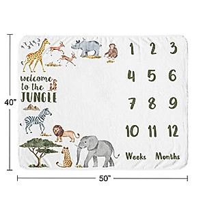 Sweet Jojo Designs Jungle Animals Milestone Blanket Monthly Newborn First Year Growth Mat Baby Shower Memory Hunter Green Yellow Grey Black White Wildlife Safari Elephant Giraffe Lion Monkey Leopard