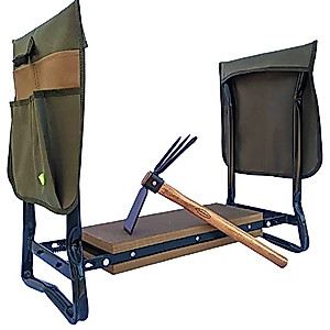 Truly Garden Upgraded Foldable Garden Kneeler and Seat - Includes Cultivator Hoe Garden Tool and Two Tool Pouches. Lightweight and Heavy Duty with Comfortable EVA Foam Pad