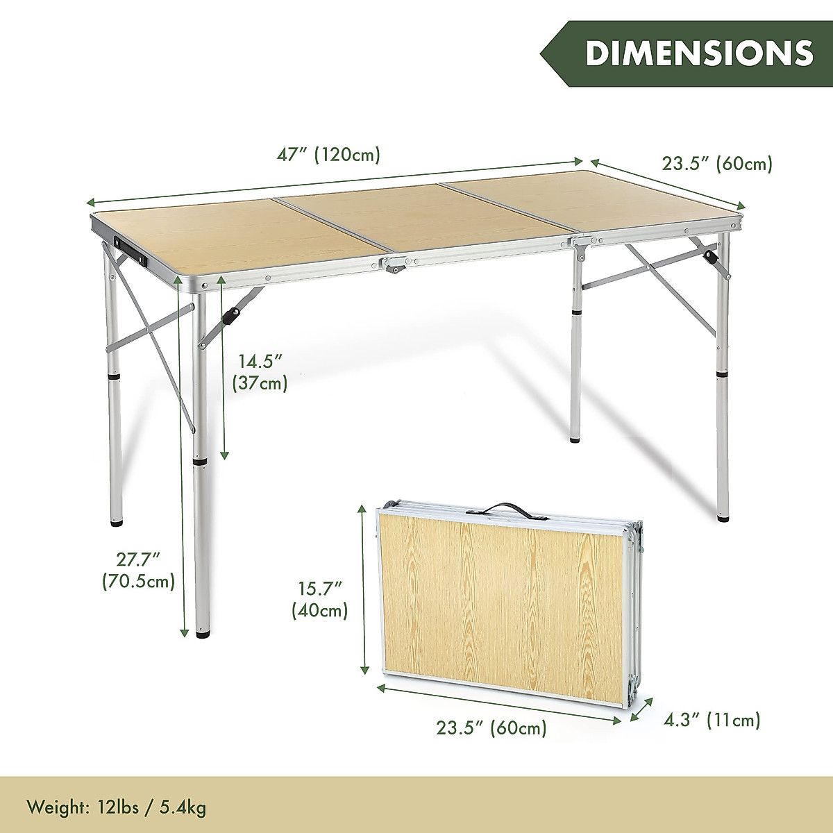 ARROWHEAD OUTDOOR 4’ ft Heavy-Duty Portable Aluminum Frame Folding Table w/Leveling Feet, Solid Tabletop Surface, 2 Adjustable Heights, Carrying Case Included, Lightweight, USA-Based Support