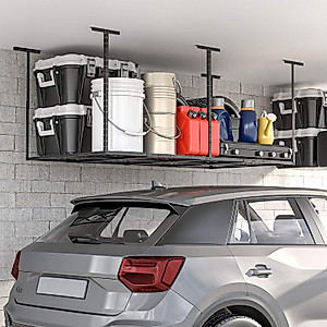 4x8 Heavy Duty Steel Overhead Garage Ceiling Storage Rack, Adjustable Ceiling Mounted Racks, Sturdy Hanging Garage Storage, 650lbs Weight Capacity, 42 in. H x 96 in. W x (22-40 Dropdown), Black