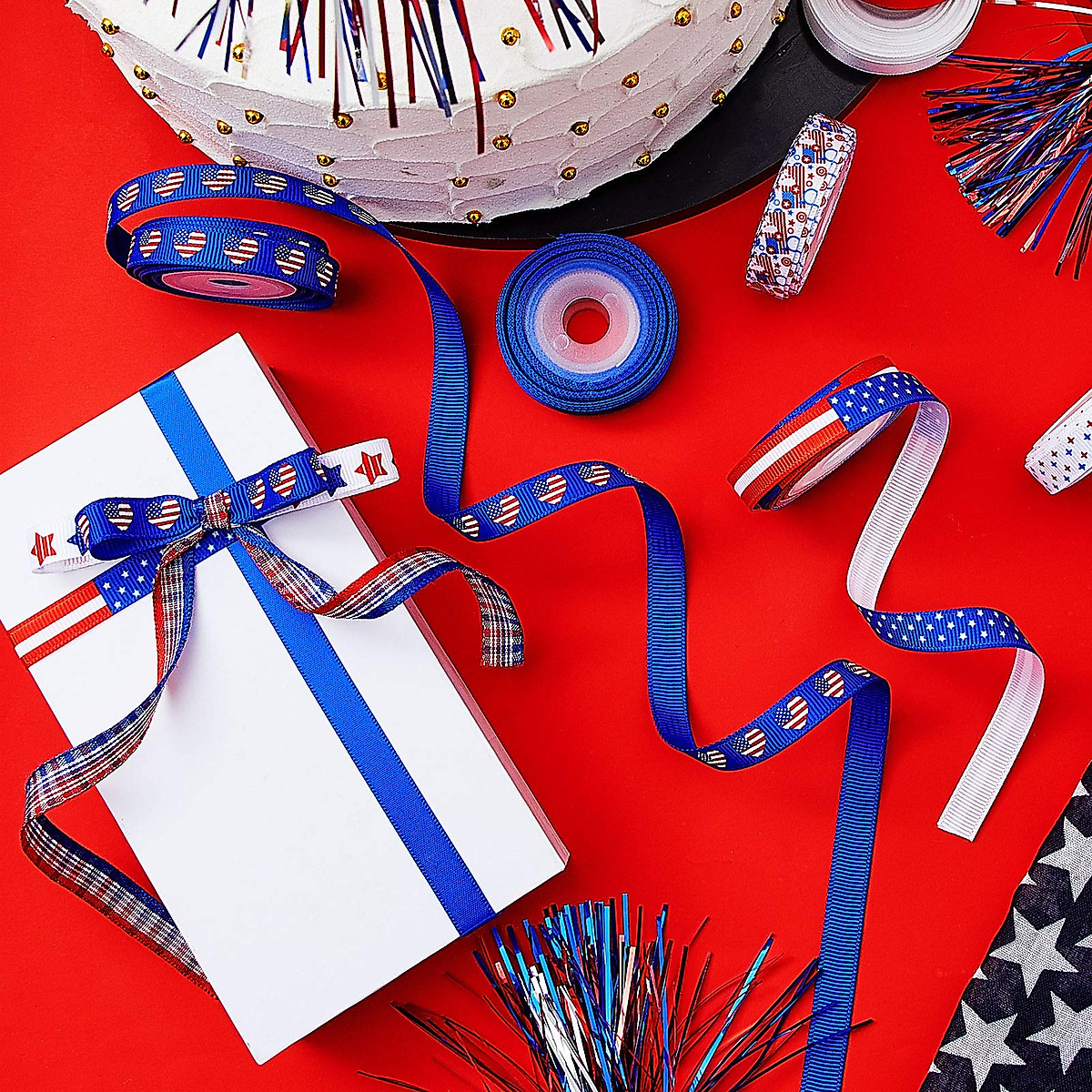 12 Rolls 60 Yards 4th of July Ribbons Red White Blue Grosgrain Ribbon Patriotic Stain Ribbons for DIY Wrapping Craft Decoration Hair Bow Wreath, 12 Styles