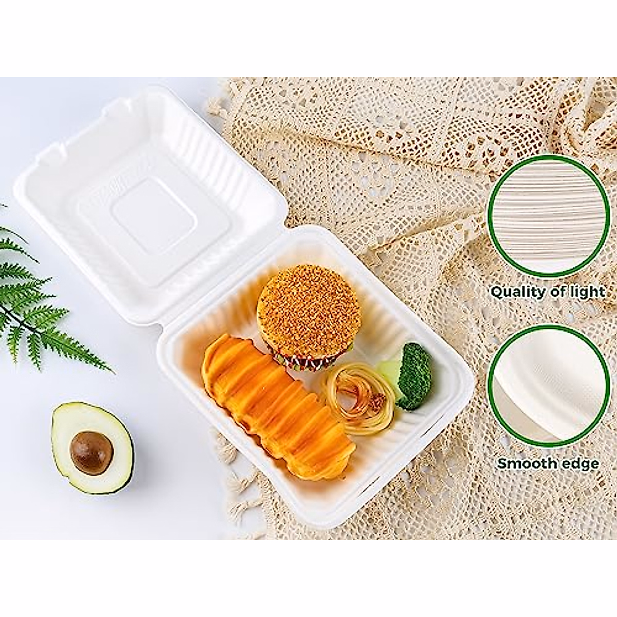 AUEAR, 8 Inch [50 Pack], Compostable Clamshell Take Out Food Containers, To Go Boxes for Food, Natural Disposable Clamshell Food Container, Eco-Friendly, Heavy - Duty To-Go Containers