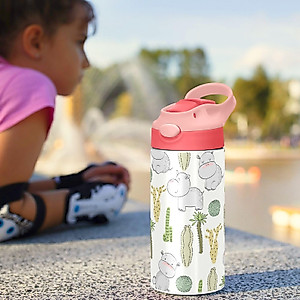 ALAZA Cute Cactus Hippo Kids Water Bottles with Lids Straw Insulated Stainless Steel Water Bottles Double Walled Leakproof Tumbler Travel Cup for Girls Boys Toddlers 12 oz / 350 ml,Pink