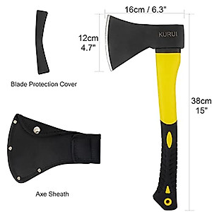KURUI Wood Chopping Axe with Sheath, 15” Outdoor Camping Hatchet for Cutting and Kindling, Camp Splitting Axe with Fiber Glass Shock-Absorbent Anti-Slip Handle