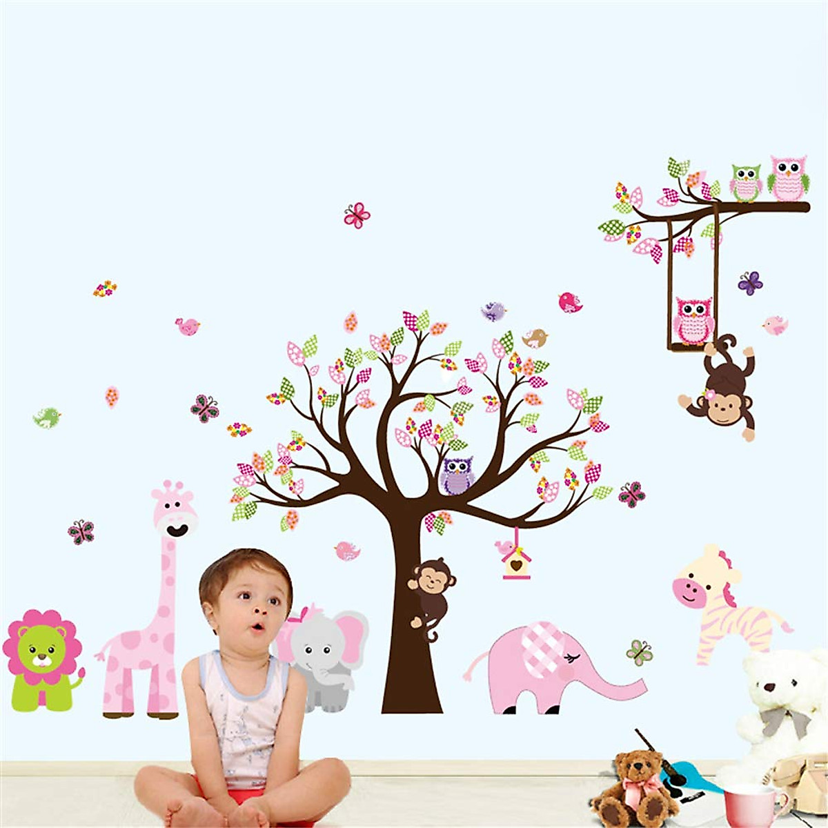ufengke Animal Tree Wall Stickers Pink Elephant Giraffe Wall Decals Art Decor for Kids Bedroom Nursery DIY